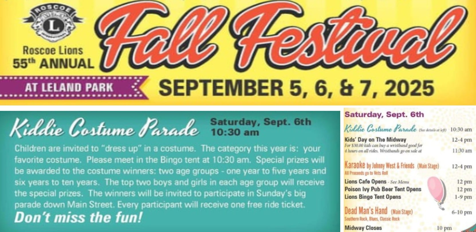 Roscoe Lions Fall Festival Schedule Saturday, Sept 6th 2025